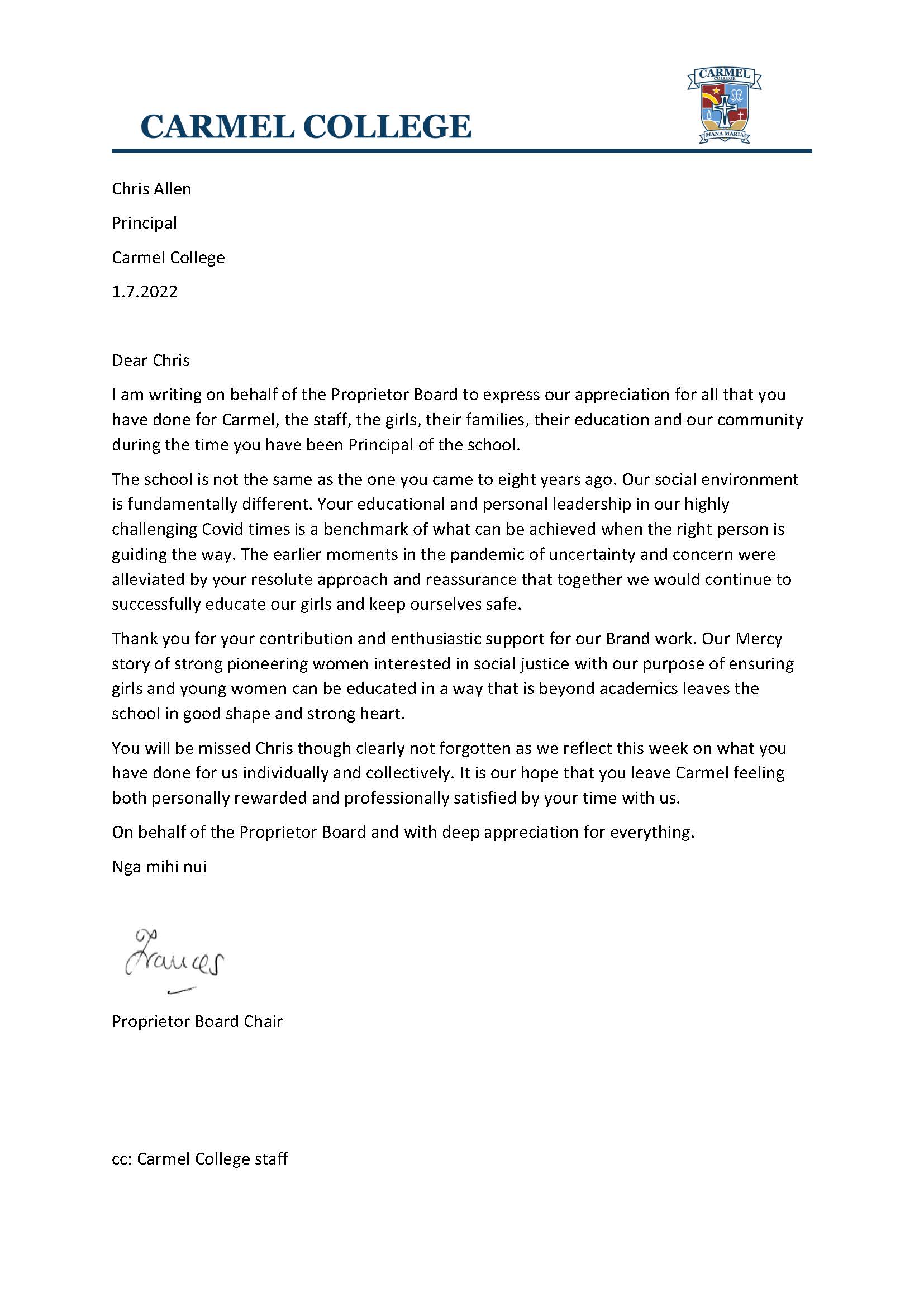 Thank You From The Proprietor Board - Carmel College